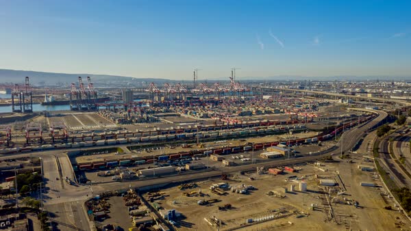 Shipyard Aerial Hyperlapse detail of Long Beach Shipyard Cityscape ...