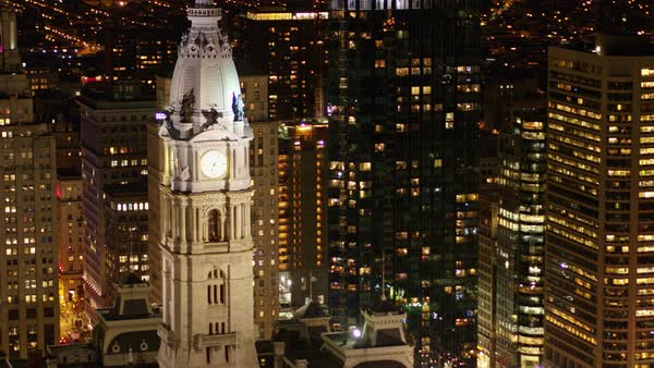 Philadelphia Pennsylvania Aerial - Panning detail of City Hall clock ...