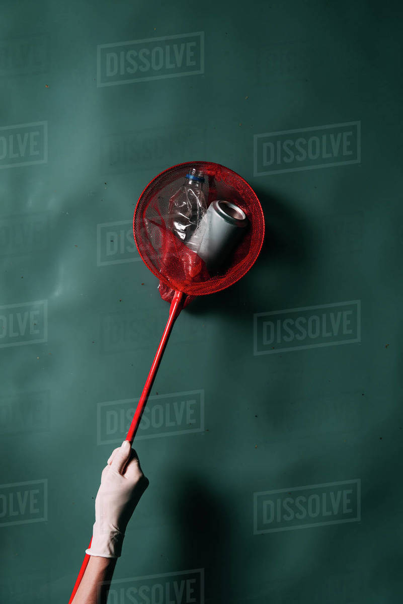 Cropped shot of person in latex glove with butterfly net cleaning water ...