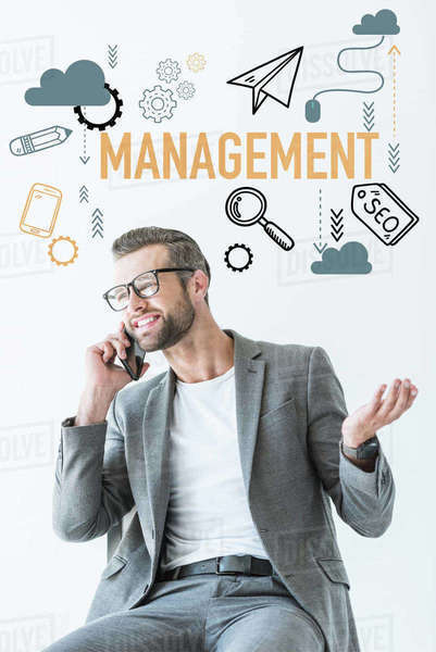 Handsome developer talking on smartphone, isolated on white with SEO ...