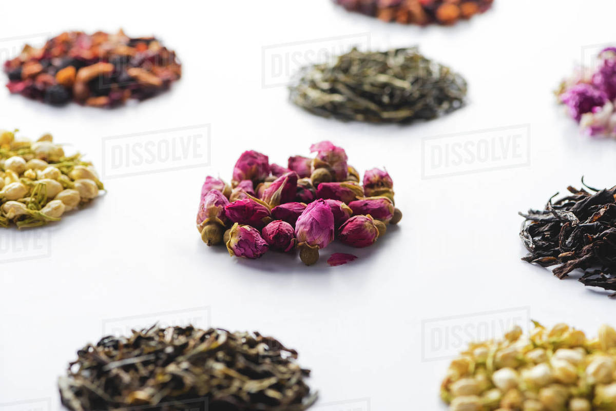 Set of dried herbal natural tea on white surface - Royalty-free Stock ...