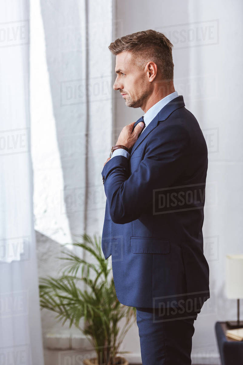 Side view of handsome man in suit wearing necktie and looking away at ...