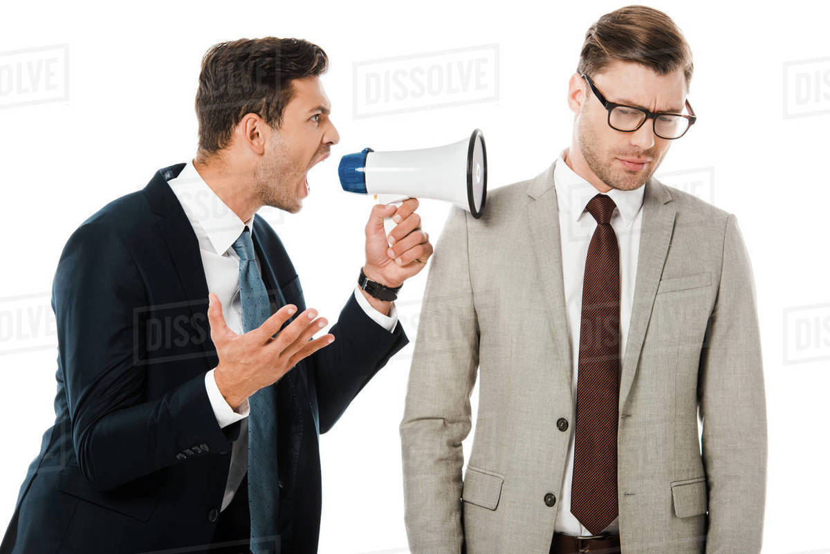 aggressive boss yelling with megaphone at upset employee isolated on ...