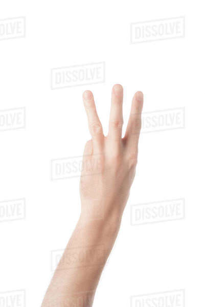 Partial view of man showing number letter w in sign language isolated ...