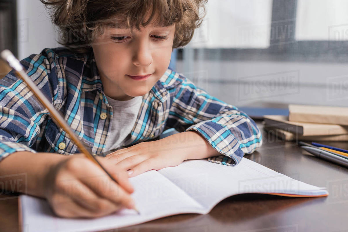 Portrait of focused little boy writing in copybook while doing homework ...