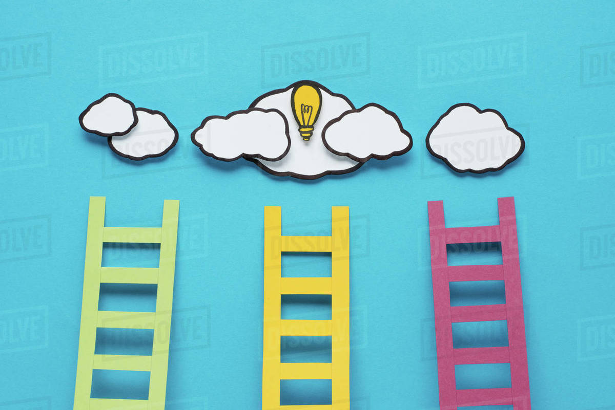top view of cardboard ladders with light bulb and clouds on blue ...