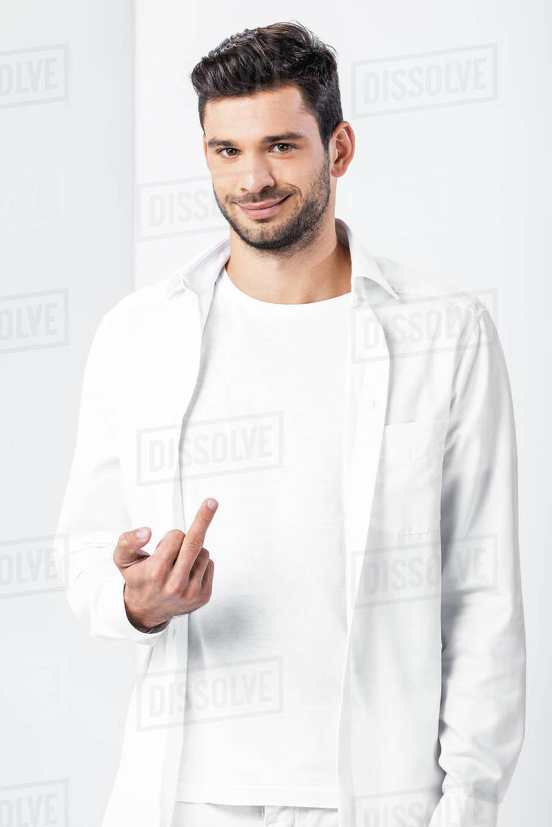 adult handsome man showing middle finger on white background - Stock ...