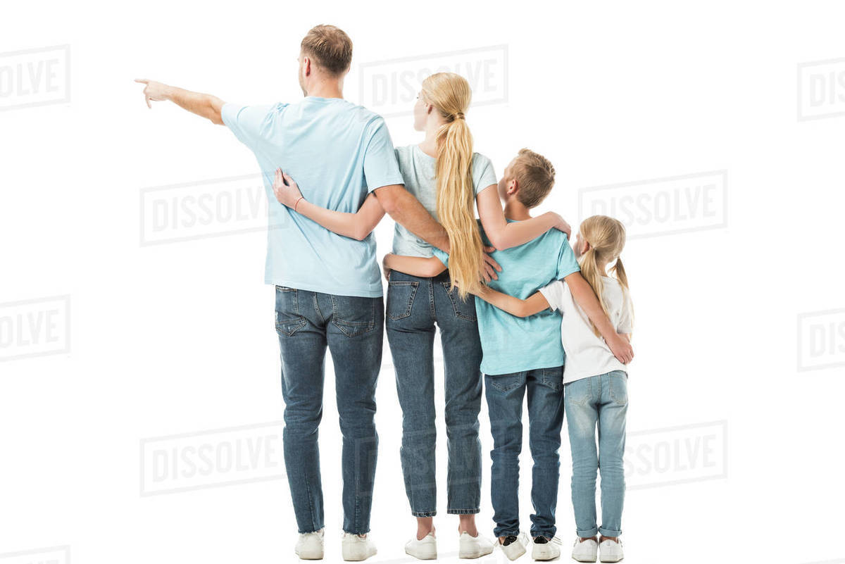 Back view of family hugging and looking somewhere isolated on white ...