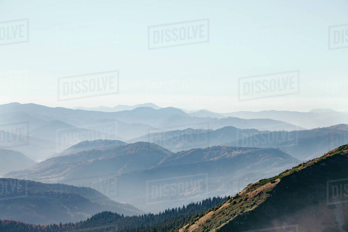 Aerial view of beautiful hazy mountains landscape, Carpathians, Ukraine ...