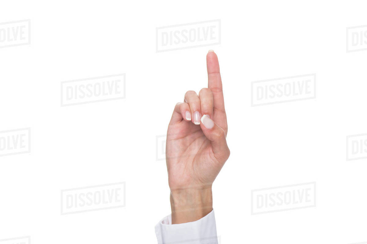 Cropped view of person gesturing signed language or pointing up ...
