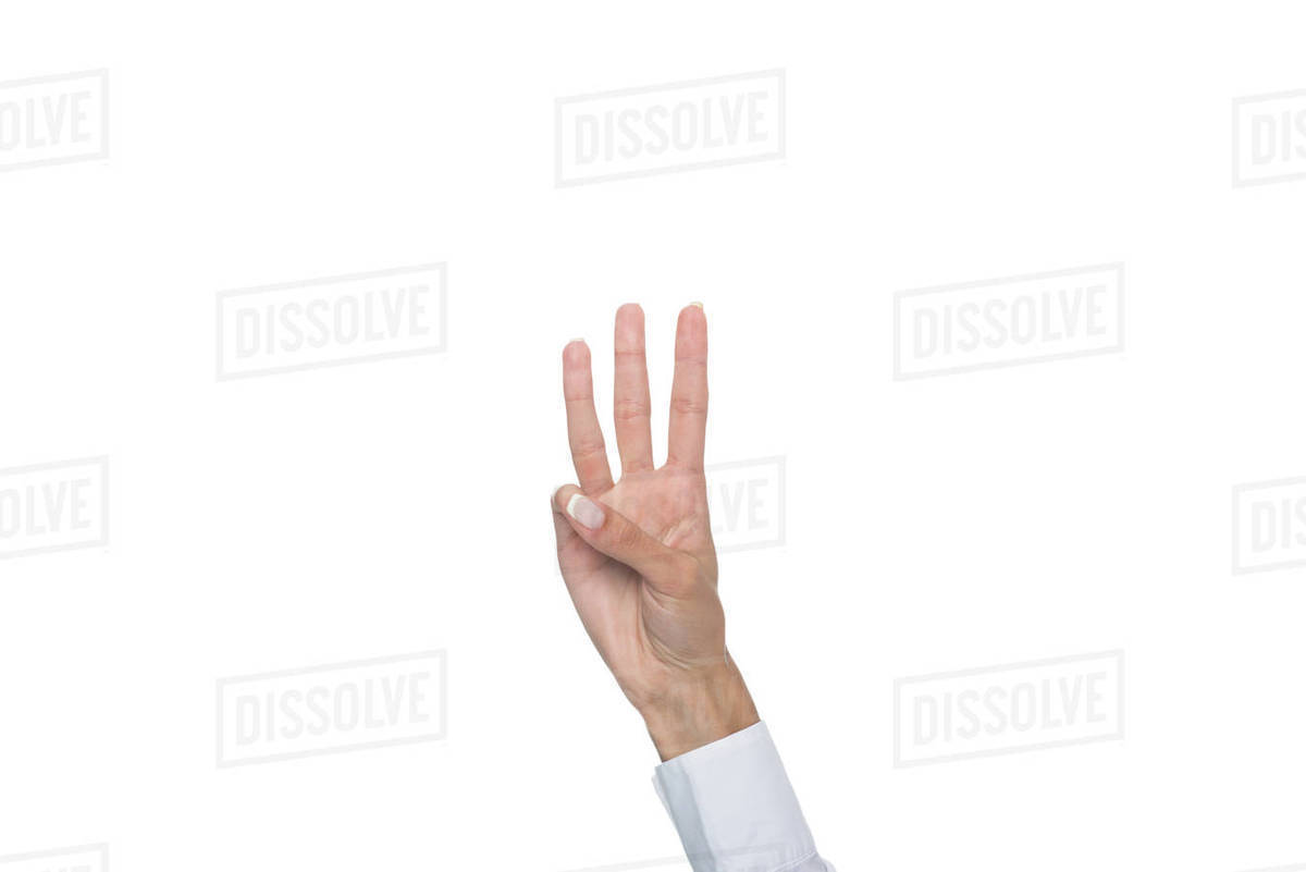 Cropped view of person gesturing signed language or showing three sign ...