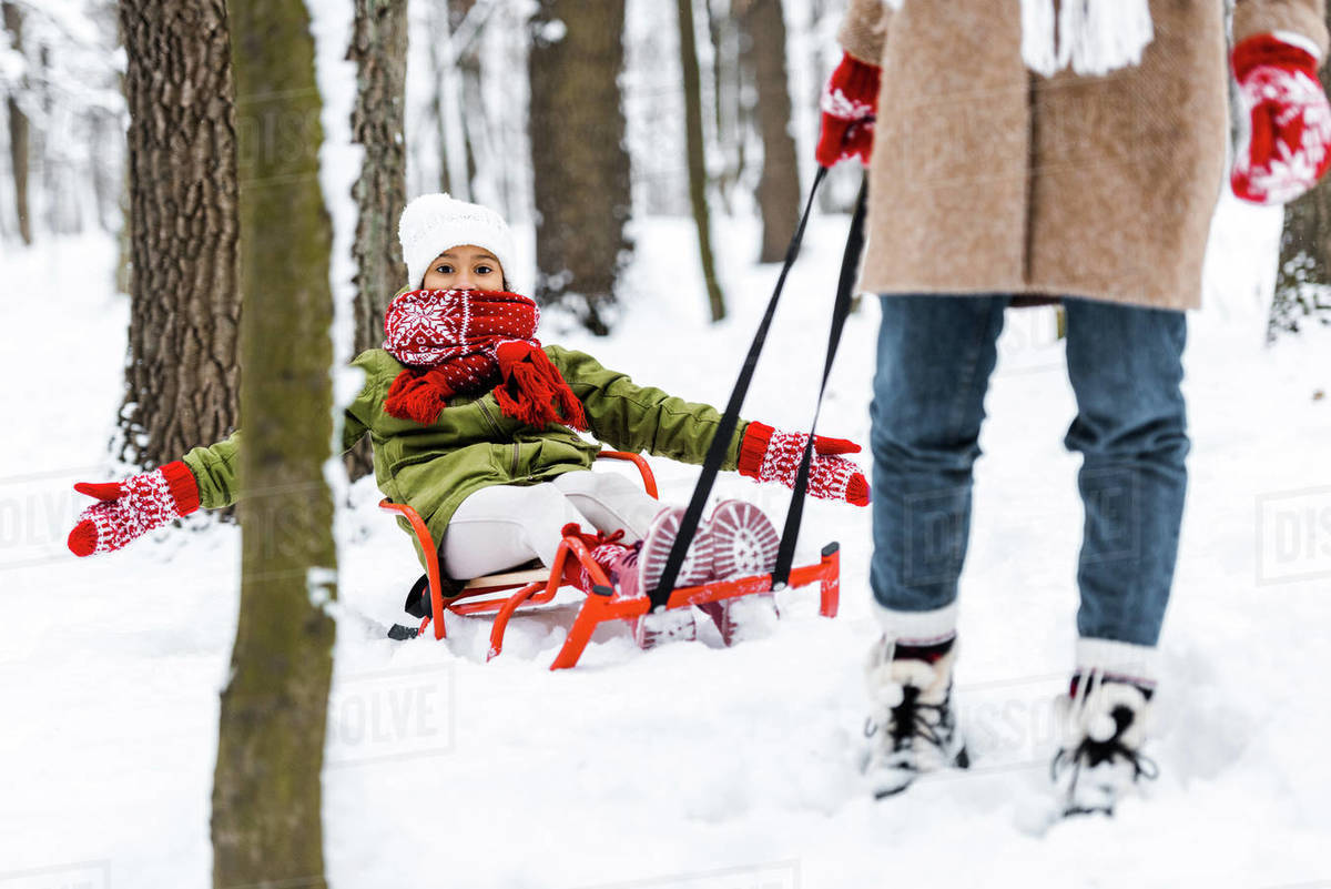 Cropped view of woman pulling African American daughter on sledge in ...