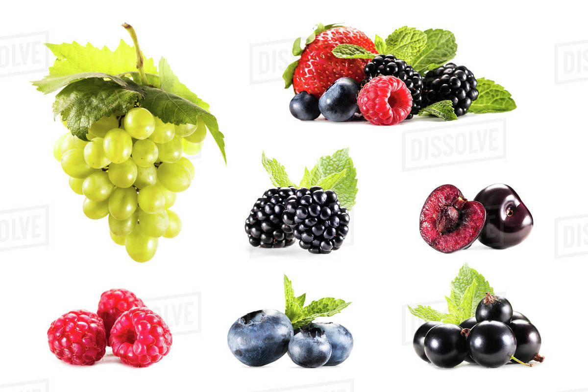 Collage with various fresh grapes and berries isolated on white - Stock ...