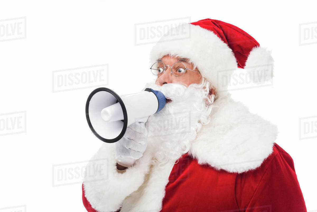 excited santa claus using megaphone and looking away isolated on white ...