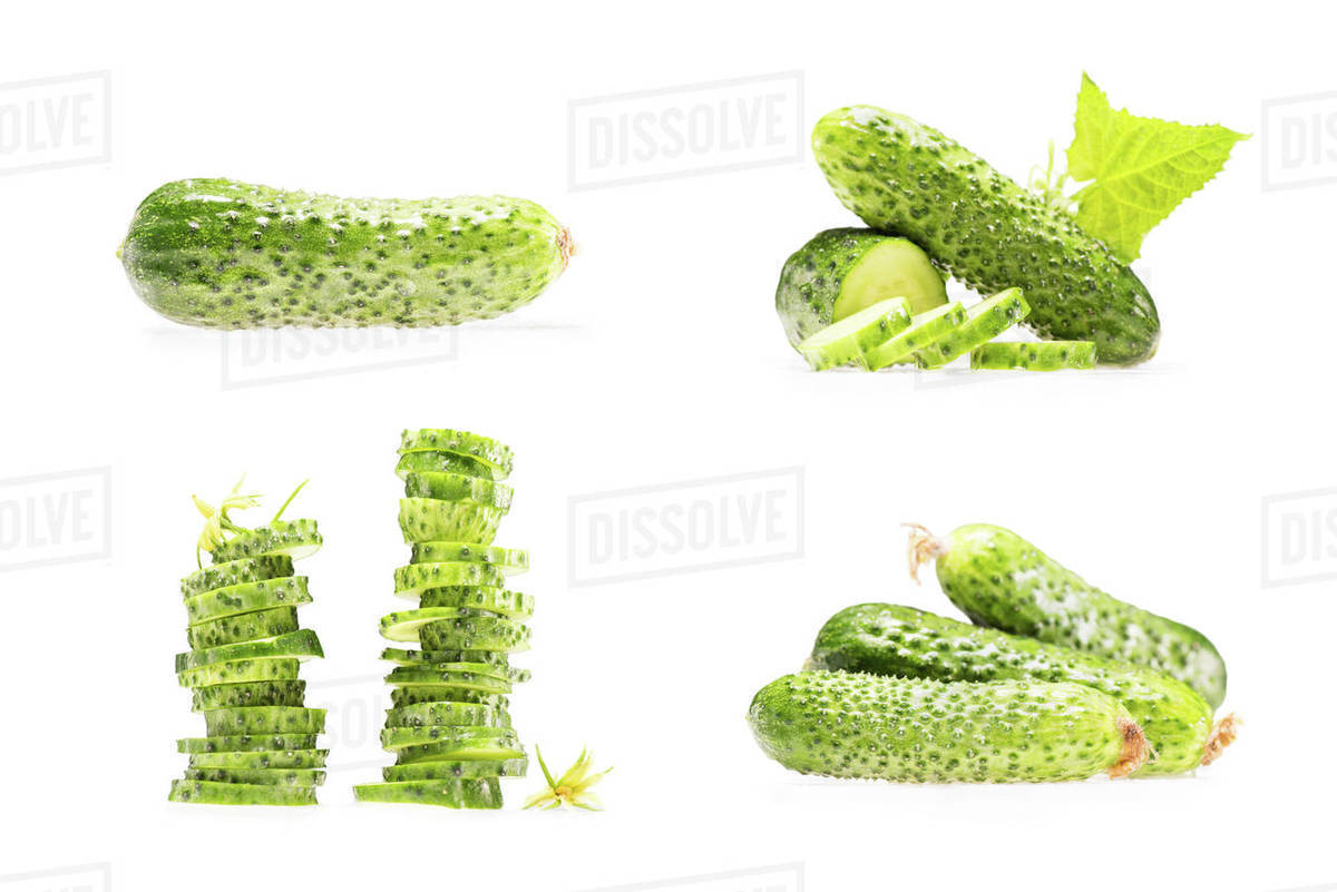 collage of various stacks and piles of cucumbers isolated on white ...