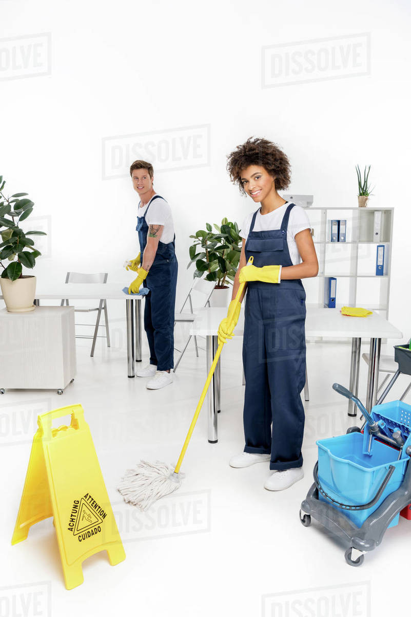 professional young multiethnic male and female cleaners working ...