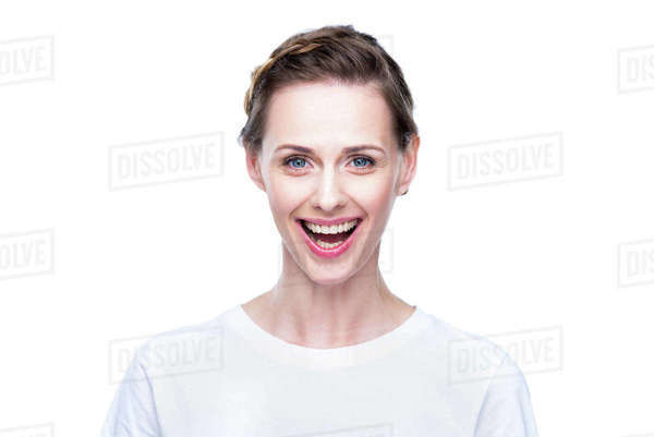 Portrait of beautiful excited woman, isolated on white - Stock Photo ...