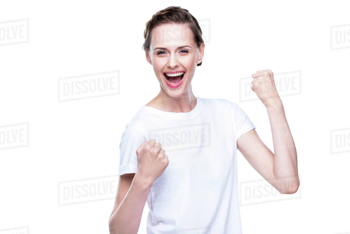 Portrait of attractive excited woman in white t-shirt, isolated on ...