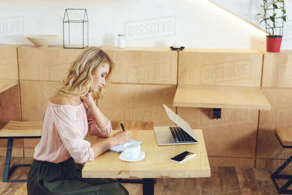 Side view of young businesswoman taking notes while working in cafe ...