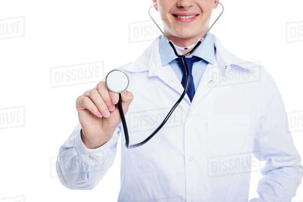 Cropped view of male doctor in white coat with stethoscope, isolated on ...