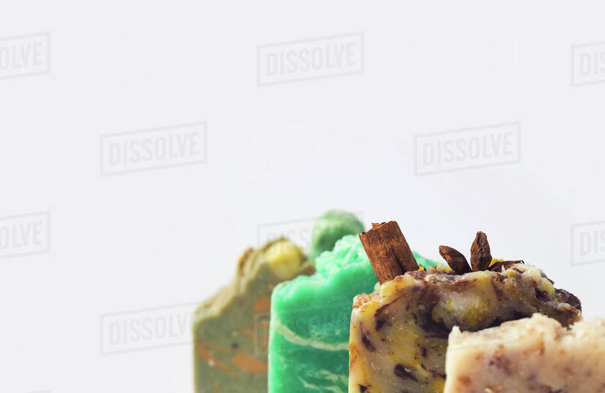 close-up shot of different natural soap on white background - Stock ...