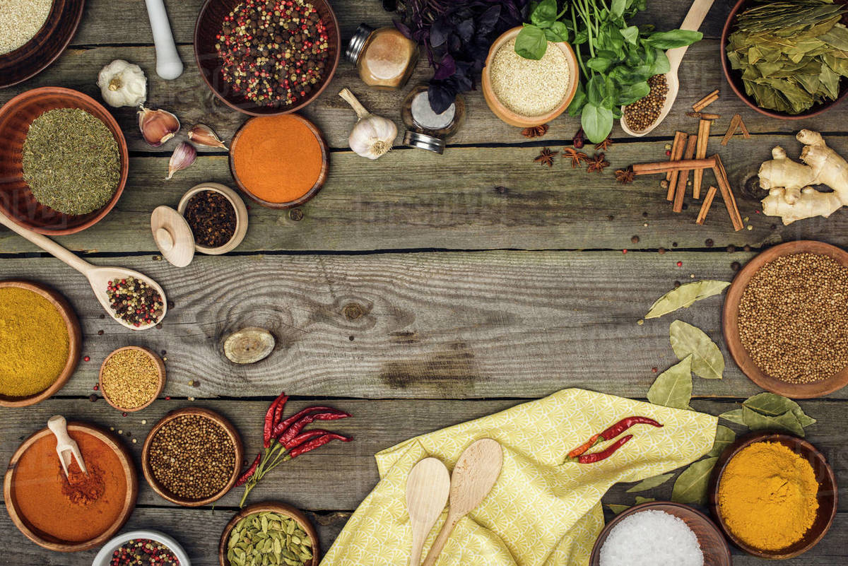 Top view of table with spices for cooking - Royalty-free Stock Photo ...