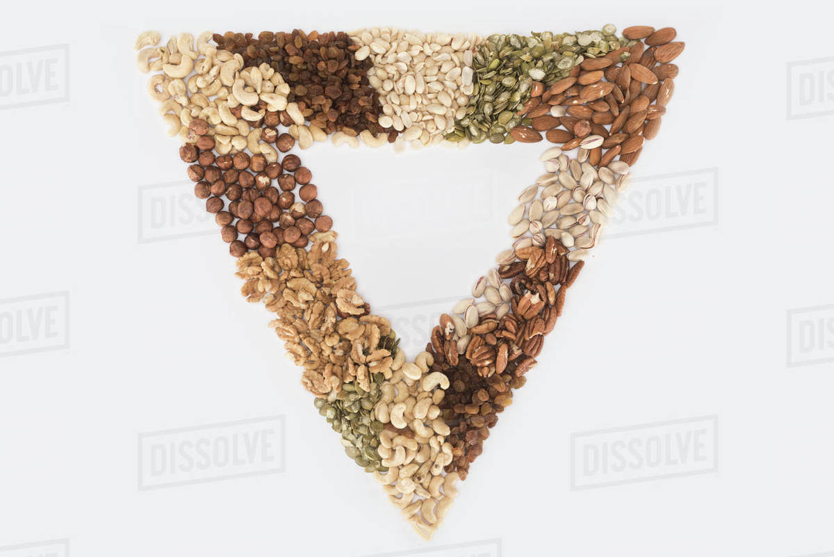 Close-up view of triangle symbol made from various healthy nuts ...