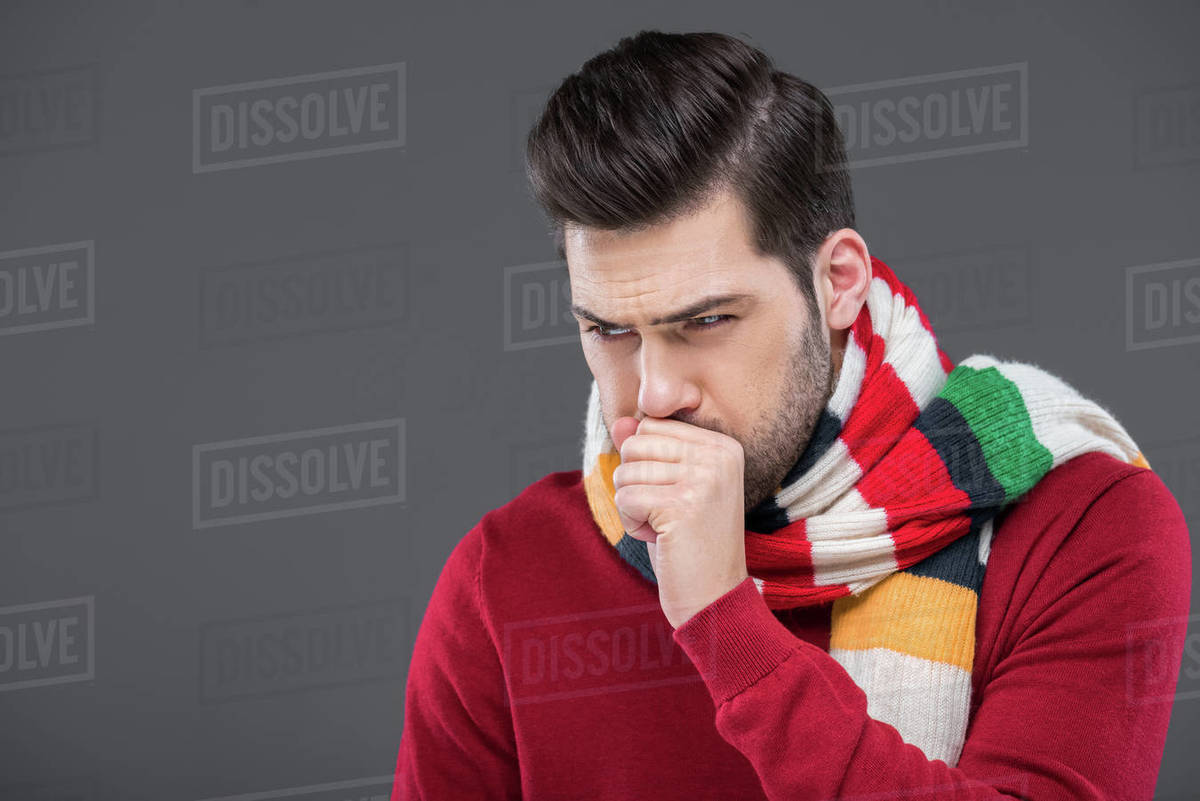 Sick man coughing in warm scarf, isolated on grey - Royalty-free Stock ...