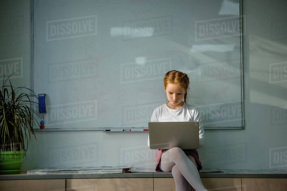 concentrated little child working with laptop in front of whiteboard ...