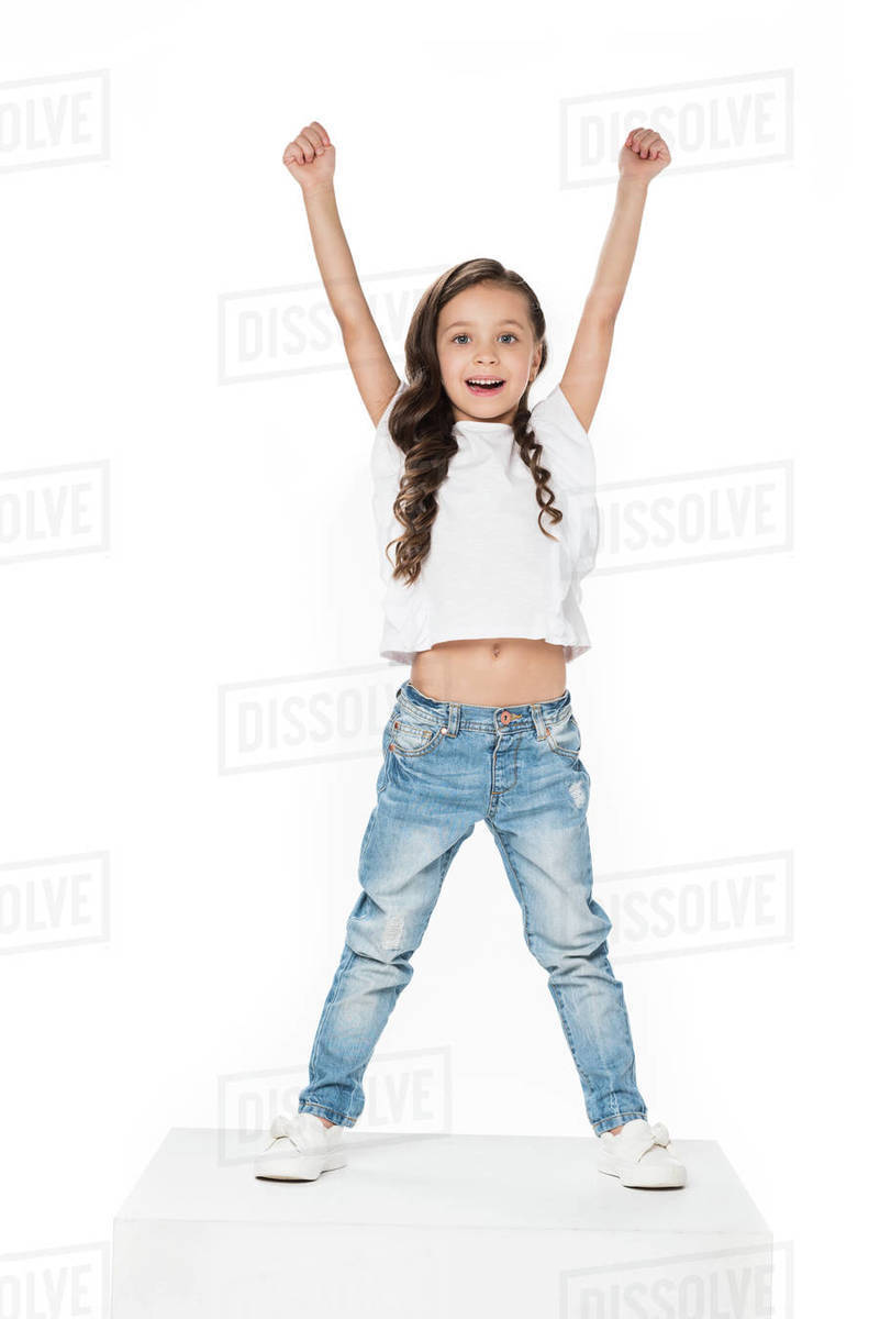 happy child with outstretched arms isolated on white - Stock Photo ...