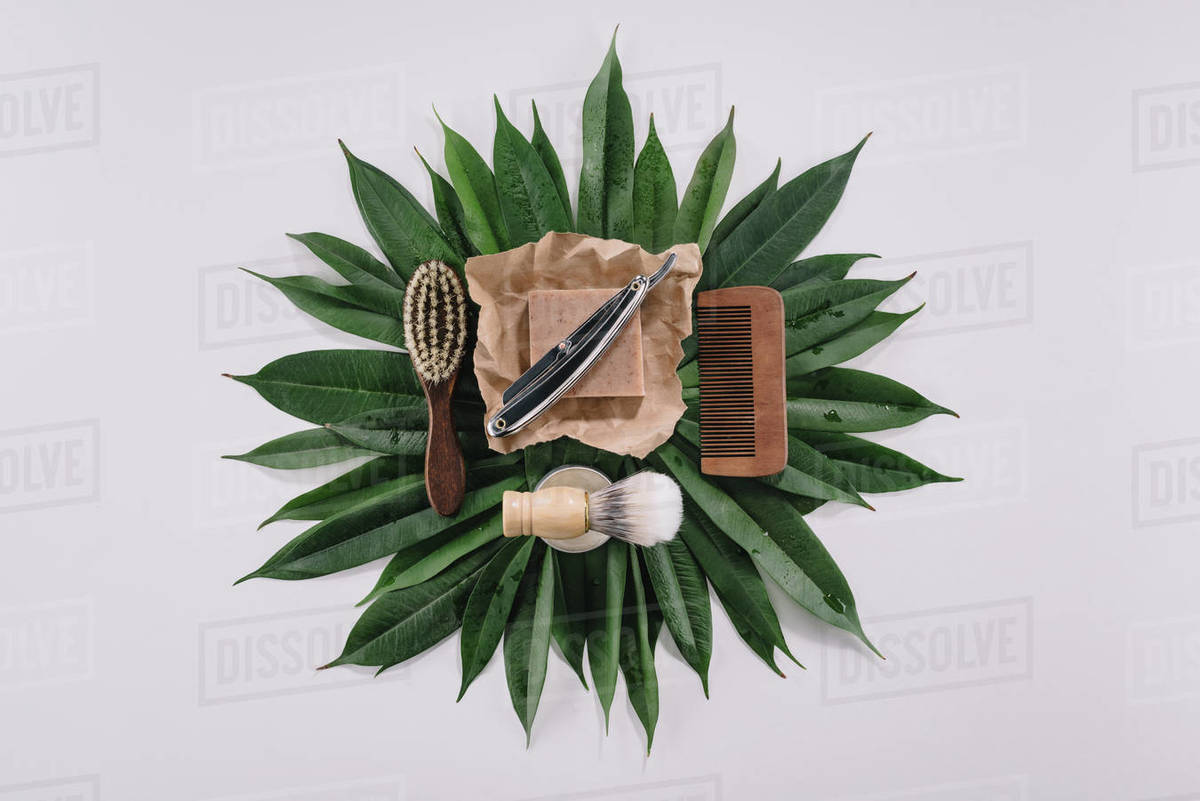 Top view of arranged barber tools for shaving on green leaves isolated ...