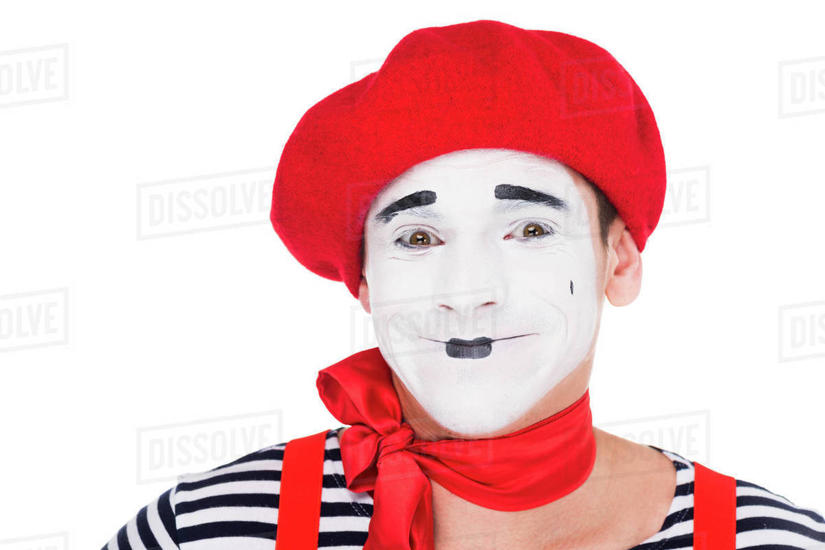 Portrait of smiling mime looking at camera isolated on white - Royalty ...