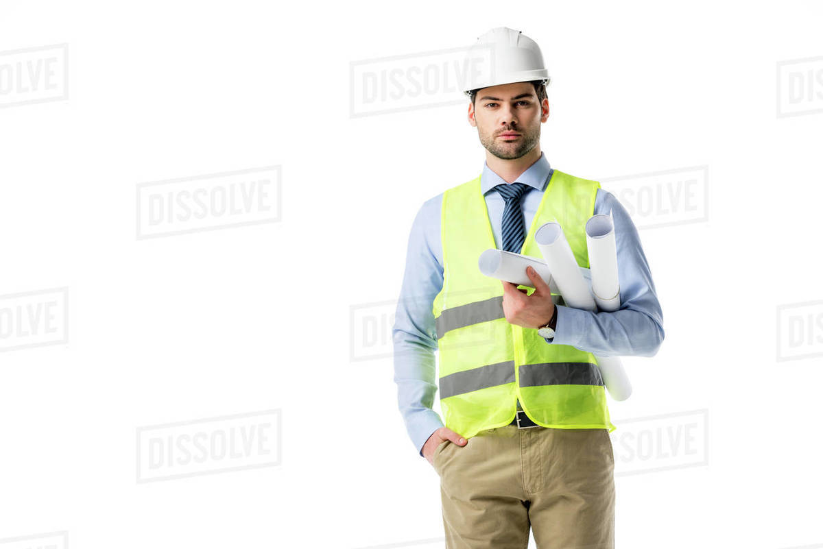 Handsome architect in reflective vest and helmet holding blueprints isolated on white - Stock ...