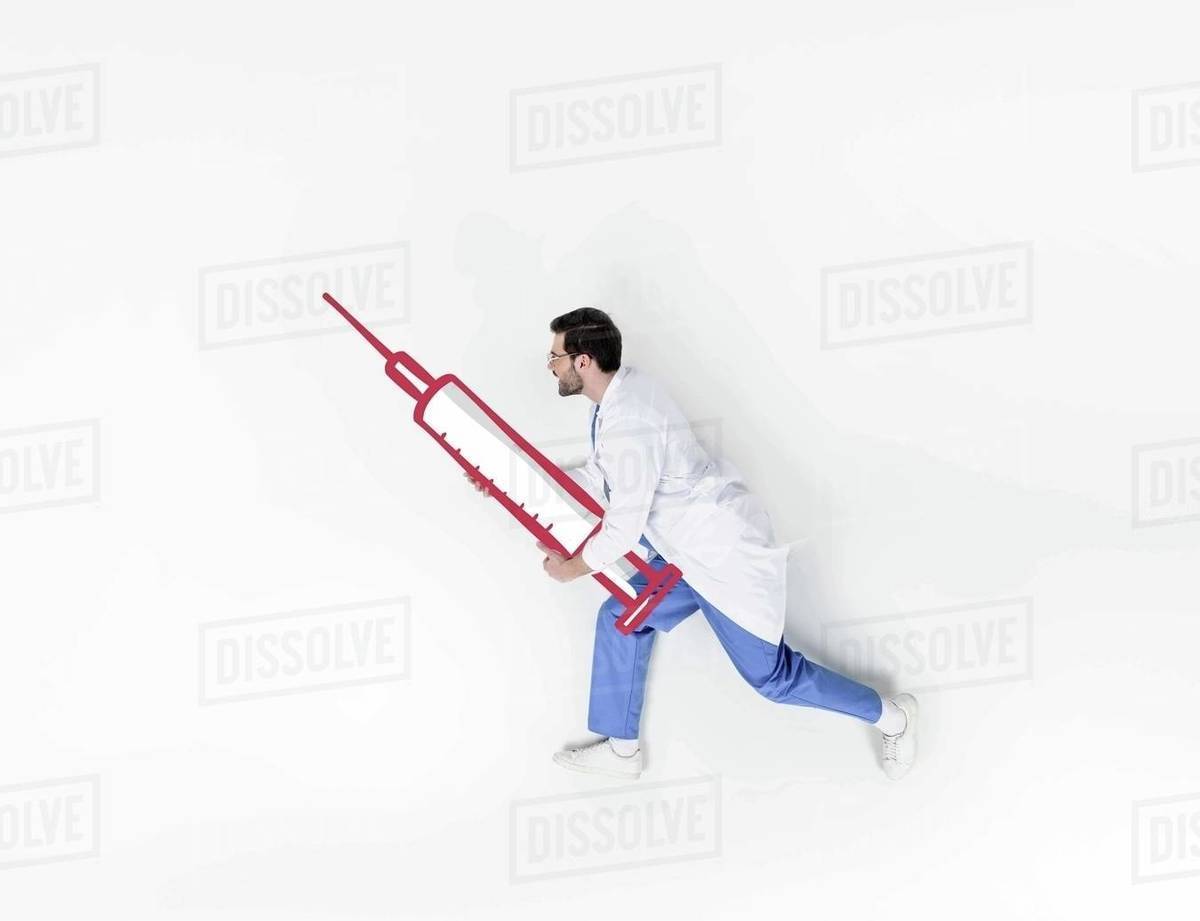 Creative collage of handsome young doctor running and holding drawn ...