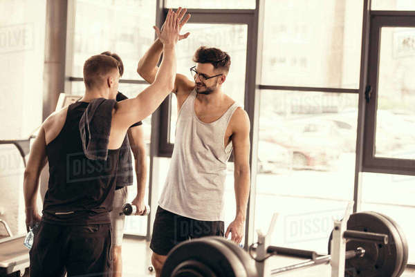 Handsome cheerful sportsmen giving high five in gym - Royalty-free ...