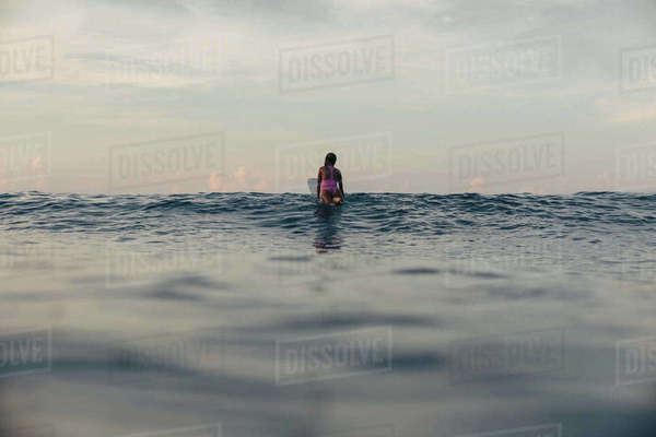Back view of surfer on surfboard in ocean at sunset - Royalty-free ...