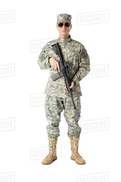 Serious army soldier with gun isolated on white - Royalty-free Stock ...