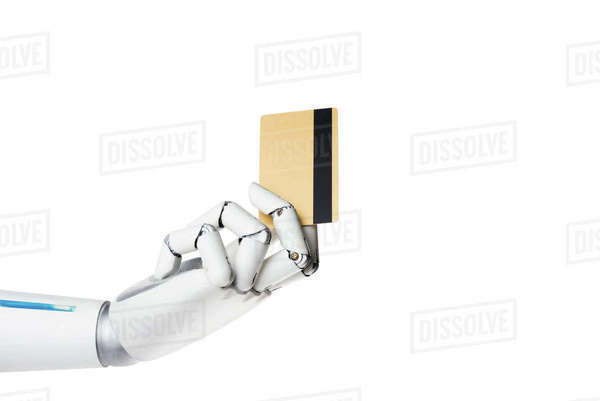 Robot hand holding credit card isolated on white - Stock Photo - Dissolve