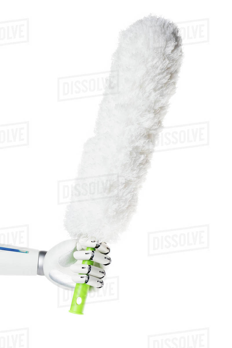 Robot hand holding dust brush for cleaning isolated on white - Royalty ...