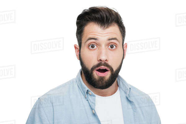 Portrait of surprised man looking at camera isolated on white - Stock ...