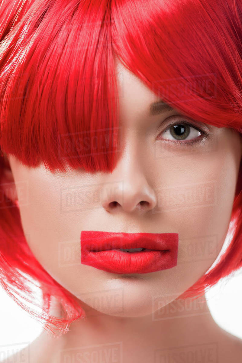 Beautiful woman with red hair and red lips in shape of rectangle ...