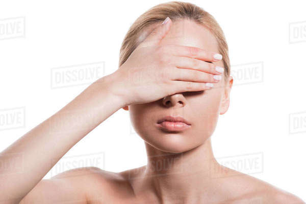 Beautiful woman covering eyes with hand isolated on white - Stock Photo ...