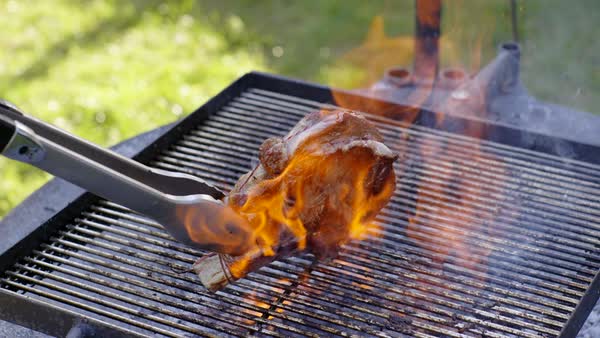 Close up of kobe beef steak burning on a grill fire pit - 4K Royalty ...