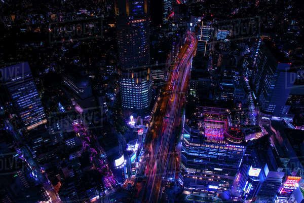 A night neon town high angle wide shot. Shibuya district Shibuya Tokyo ...