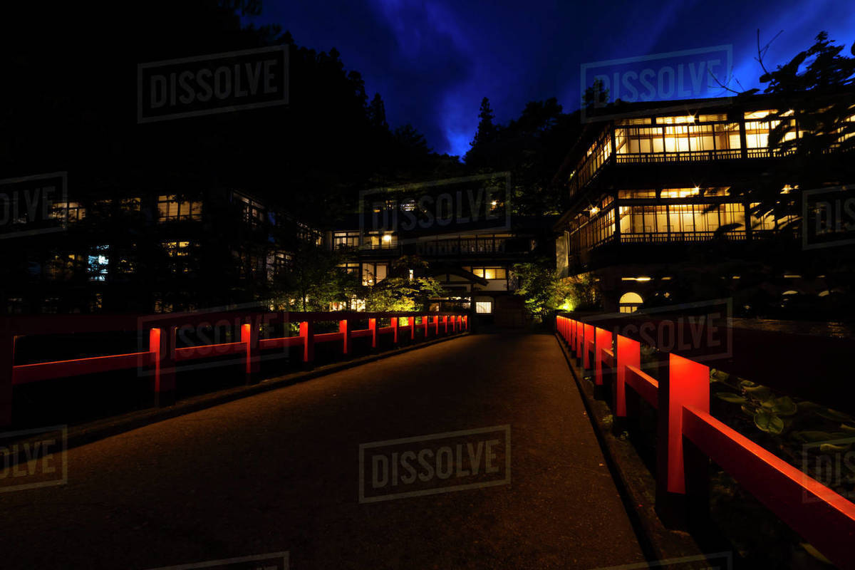 An old fashioned architecture in Nakanojo Gunma at night wide shot ...