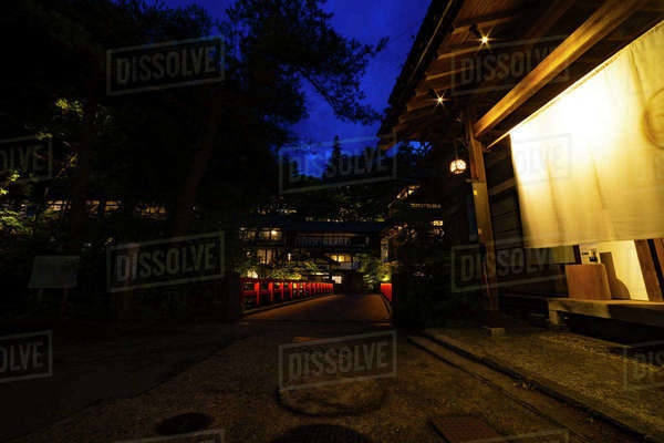 An old fashioned architecture in Nakanojo Gunma at night wide shot ...