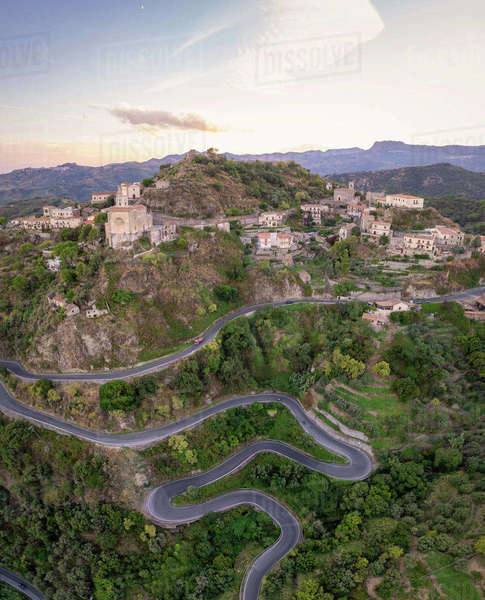 Aerial view of hilltop village, Savoca, Messina, Sicily, Italy ...