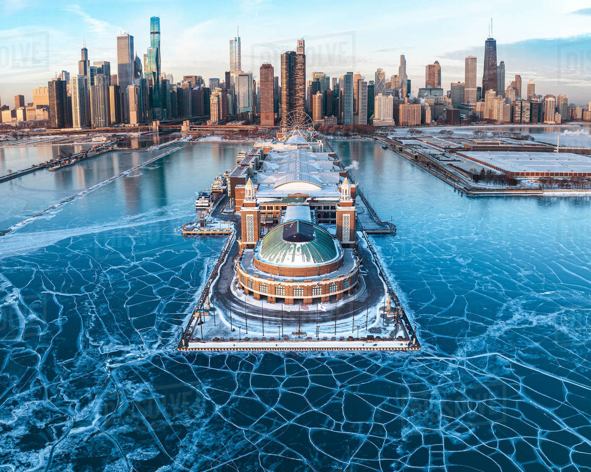 Aerial winter view of city skyline with Navy Pier at Sunrise, Chicago ...