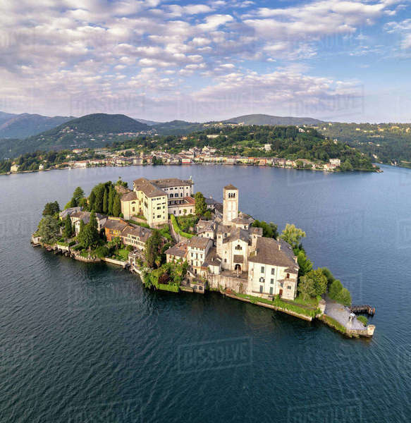 Aerial view of San Giulio island (St Julius island) and Orta San Giulio ...