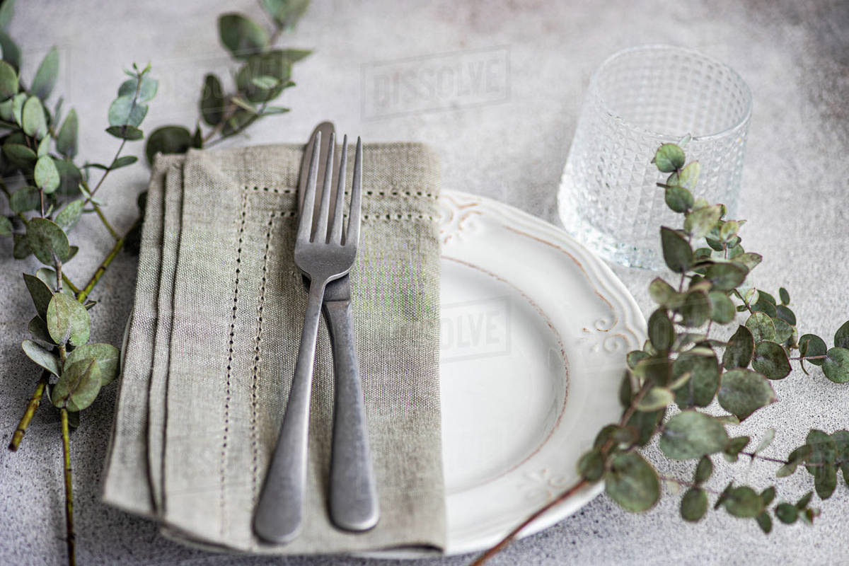 Rustic place setting on a table with Eucalyptus leaves - Stock Photo ...